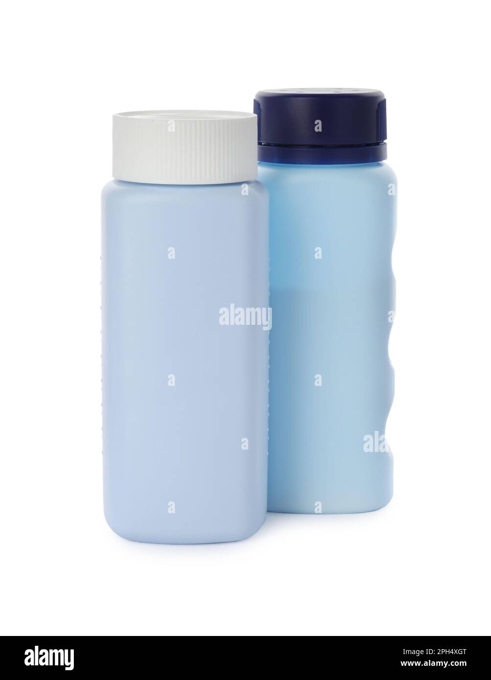 Bottles of dusting powder on white background, space for design. Baby ...