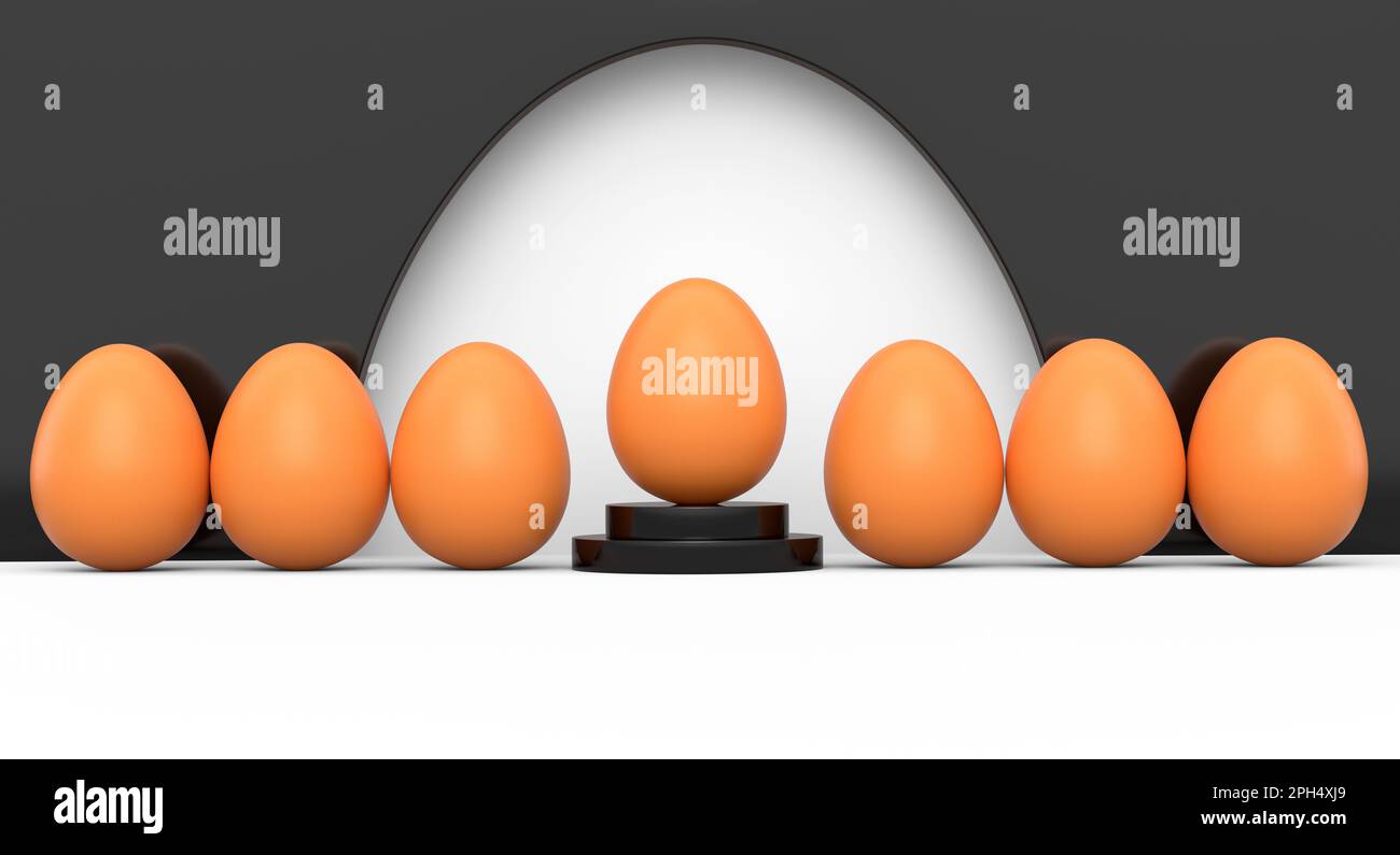Farm brown chicken egg on podium and crowd of eggs standing in line on ...