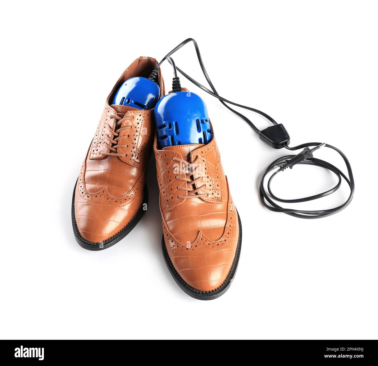 Pair of stylish shoes with modern electric footwear dryer on white ...