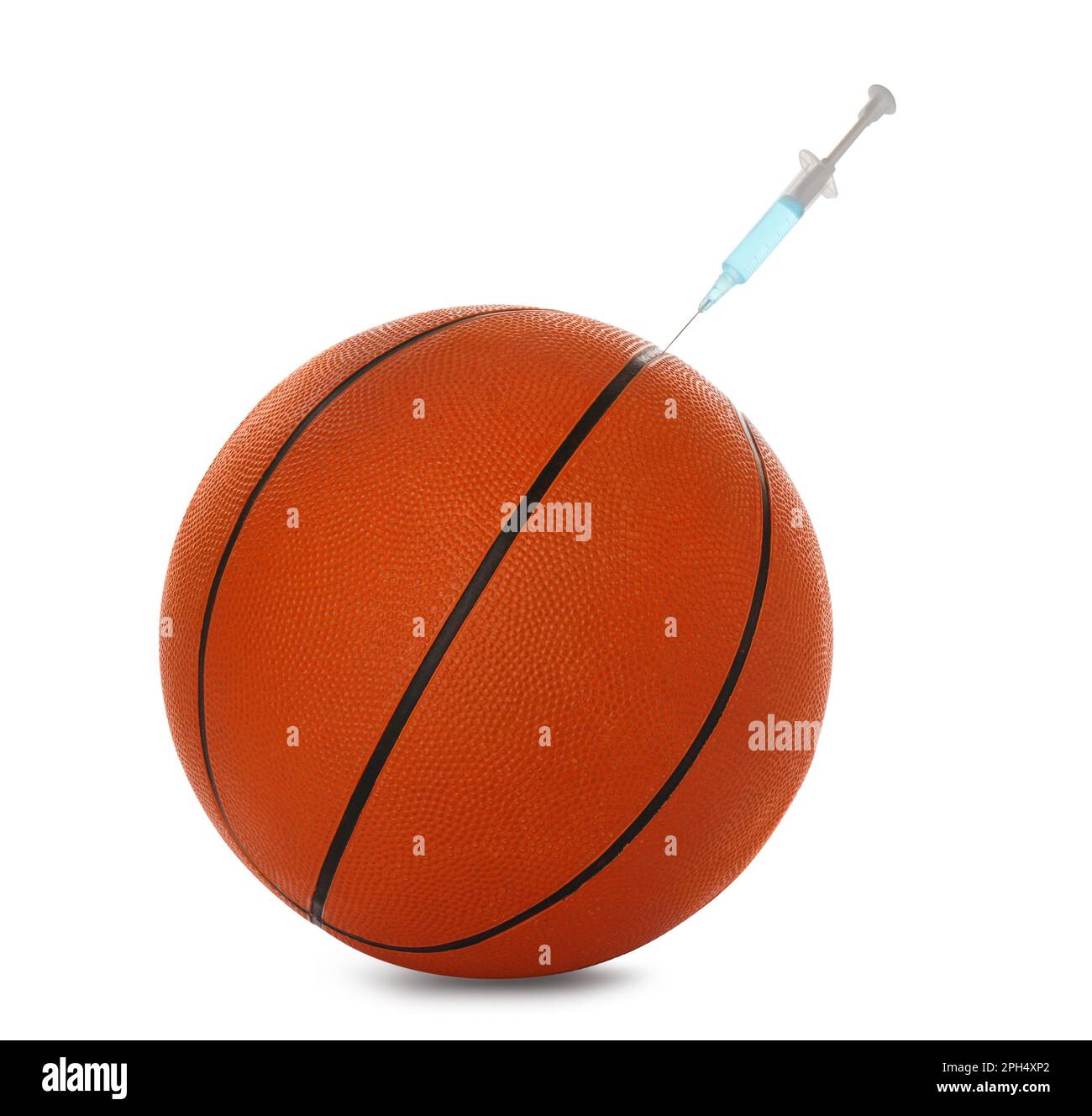 Basketball ball with syringe sticking out on white background. Doping ...