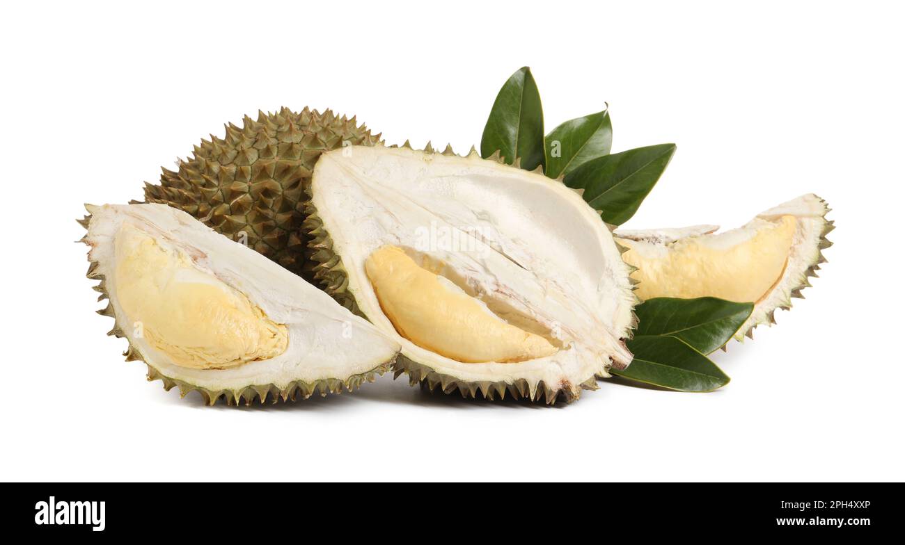 Cut and whole ripe durians on white background Stock Photo - Alamy