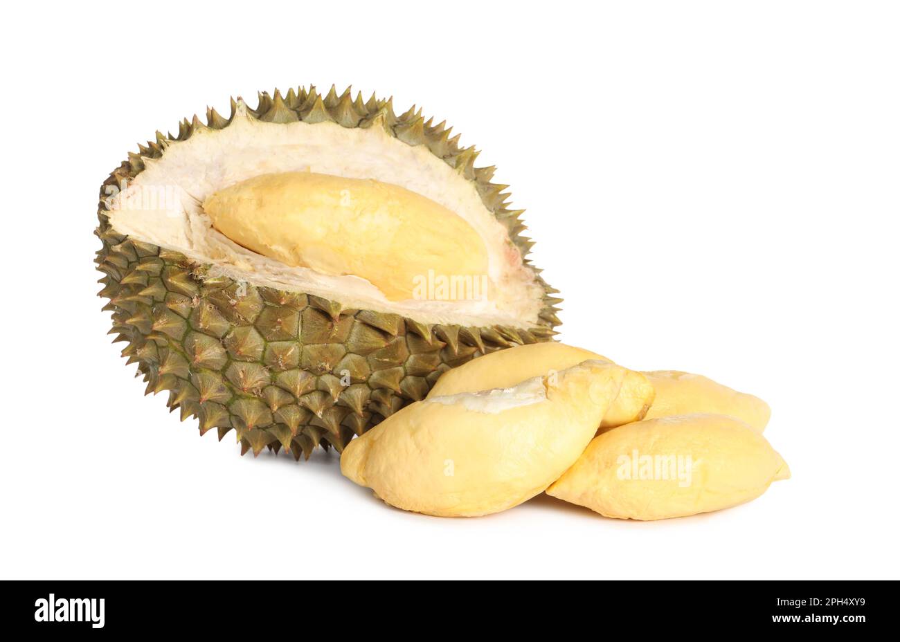Fresh ripe durians on white background. Tropical fruit Stock Photo - Alamy