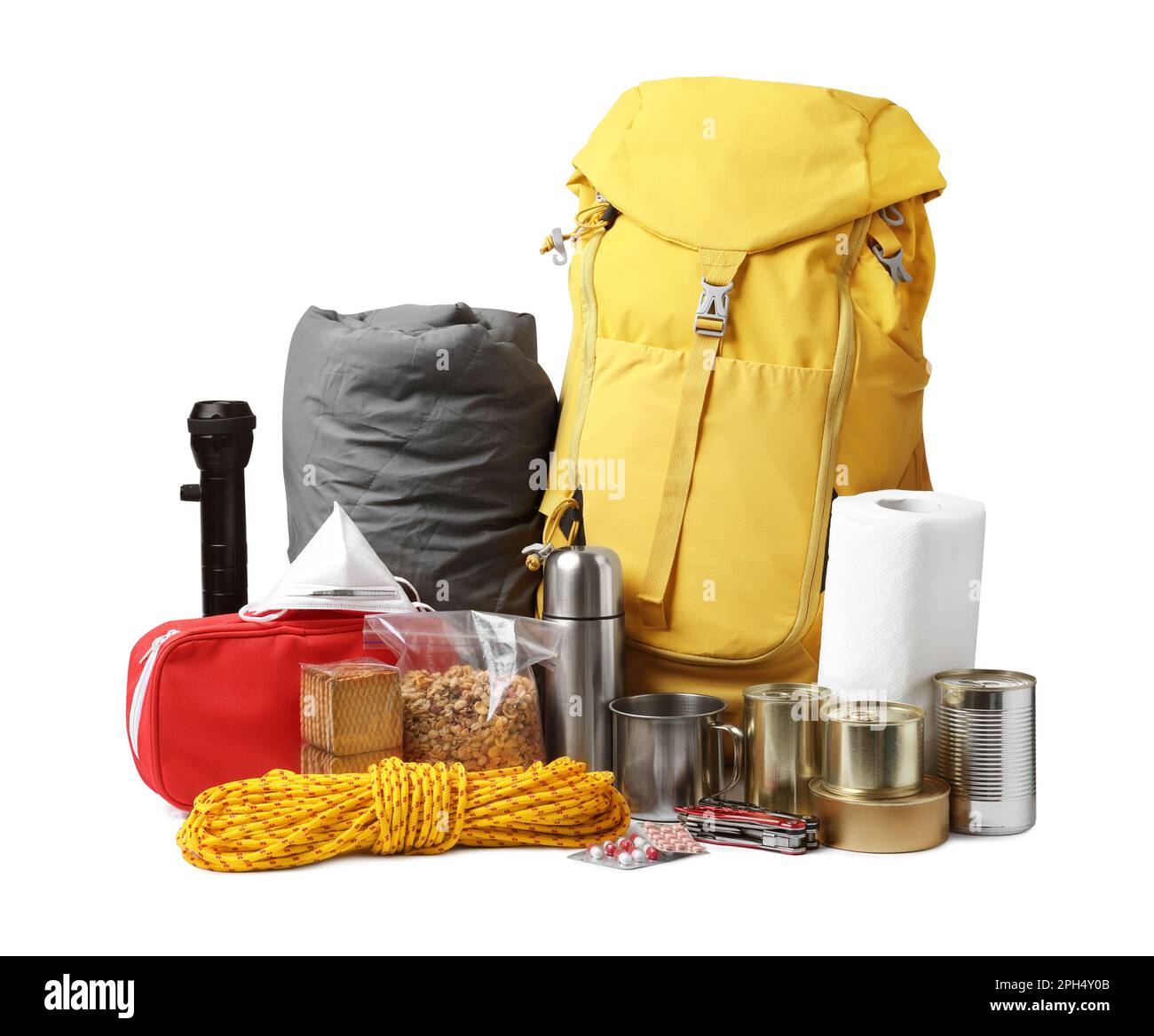 Disaster supply kit for earthquake on white background Stock Photo - Alamy