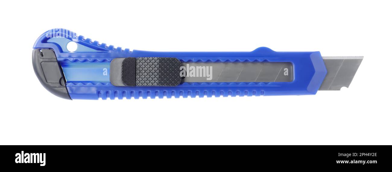 Blue utility knife isolated on white. Construction tool Stock Photo - Alamy
