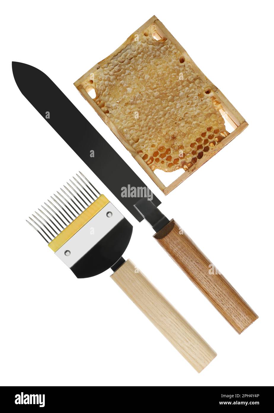 Beekeeping tools and hive frame with honeycomb on white background, top ...