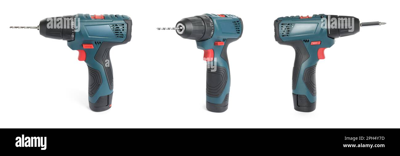 Set of modern electric drills on white background, banner design Stock ...