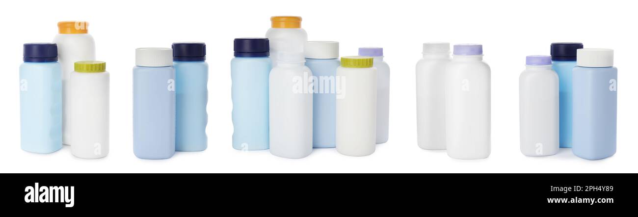 Set of baby powder bottles on white background, banner design Stock ...