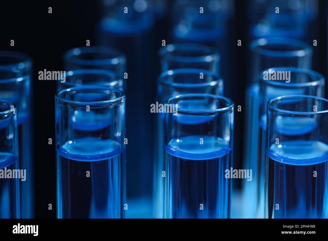 Test tubes with blue reagents, closeup. Laboratory analysis Stock Photo ...
