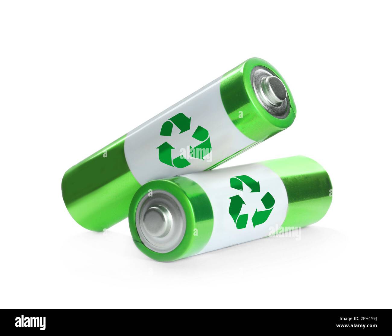 Batteries with recycle symbols on white background Stock Photo - Alamy