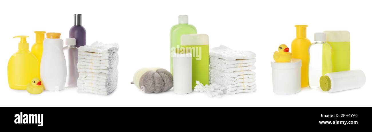 Set of baby powder, other cosmetic products and accessories on white ...