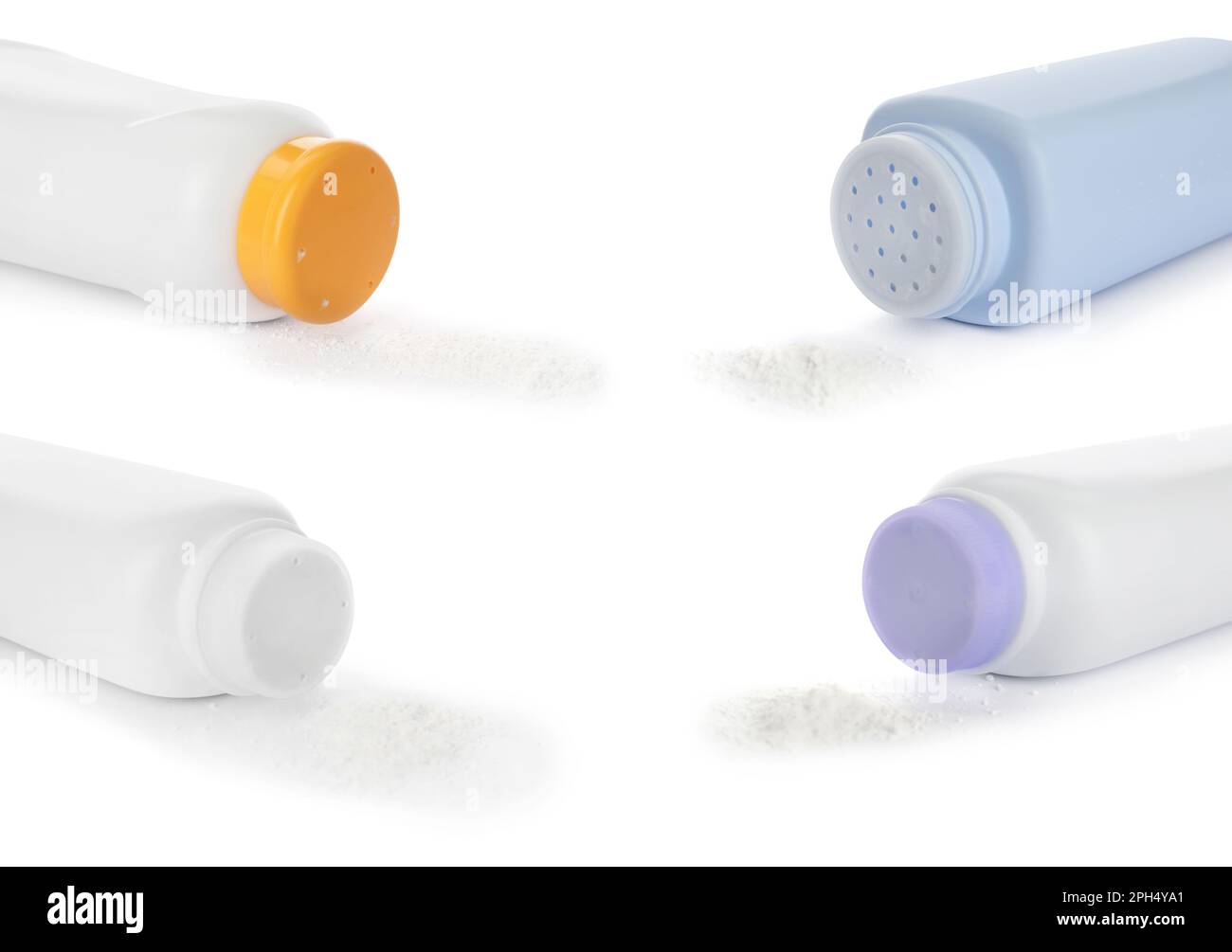 Set of overturned baby powder bottles on white background Stock Photo ...
