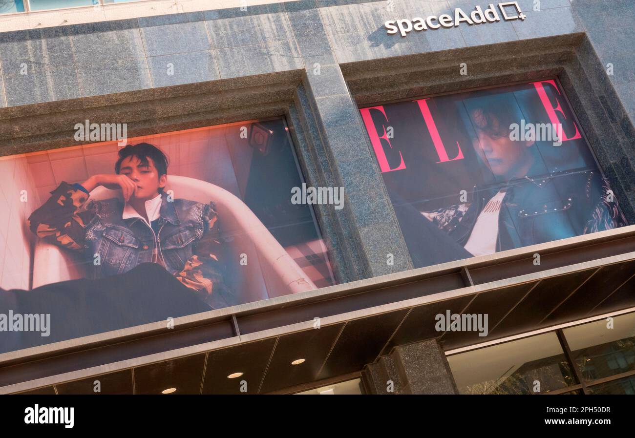 BTS V, Mar 26, 2023 : Placards showing BTS V featured in ELLE Korea's ...