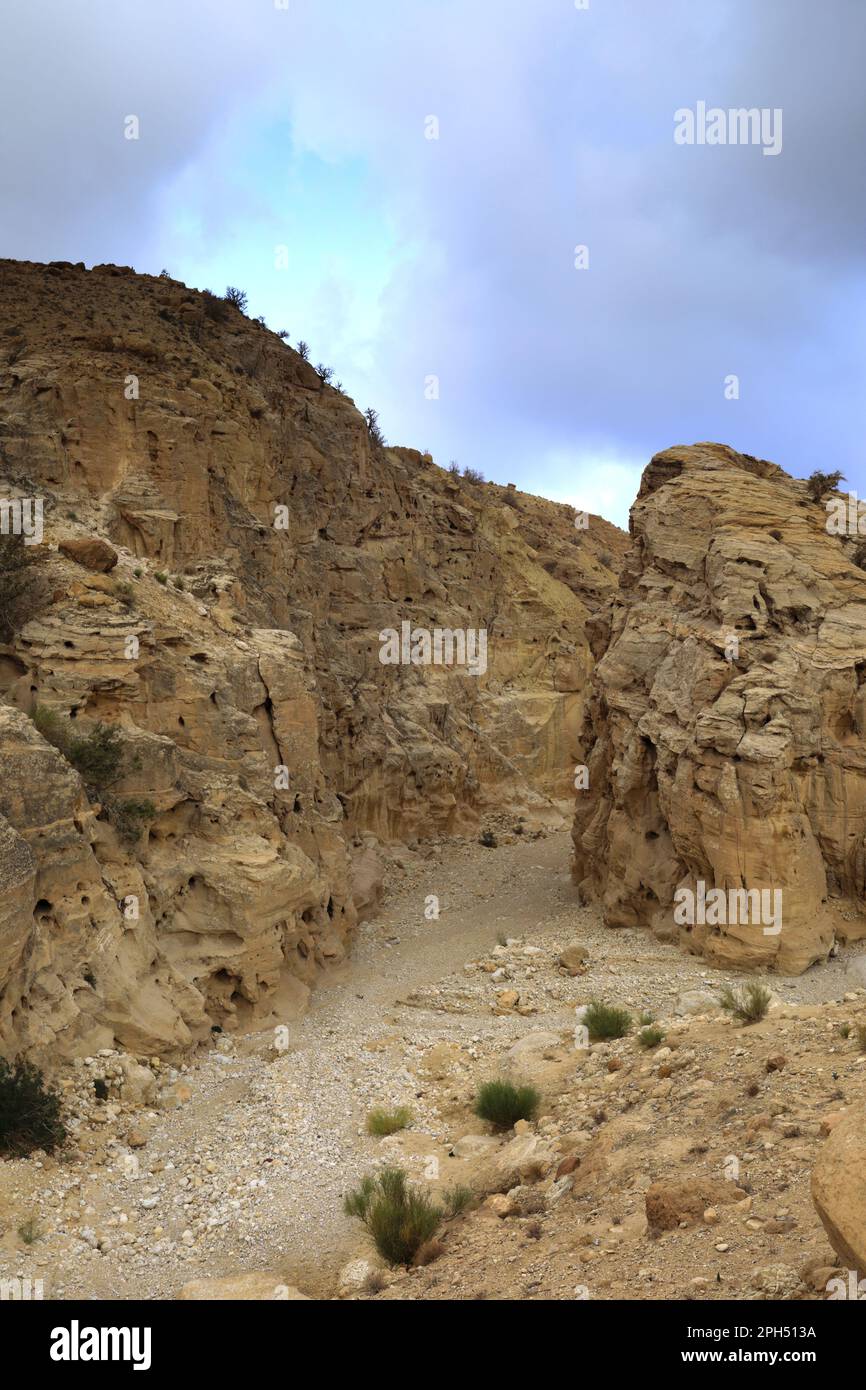The dry river valley of Wadi Feid, Jabal Fied, Al-Sharat area of Jordan ...