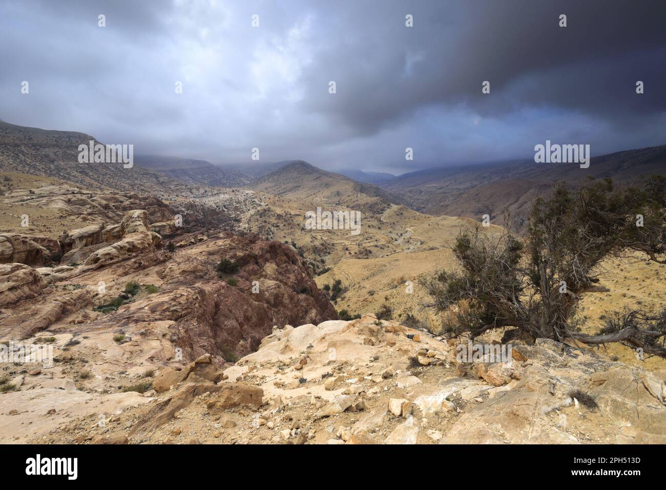 The dry river valley of Wadi Feid, Jabal Fied, Al-Sharat area of Jordan ...