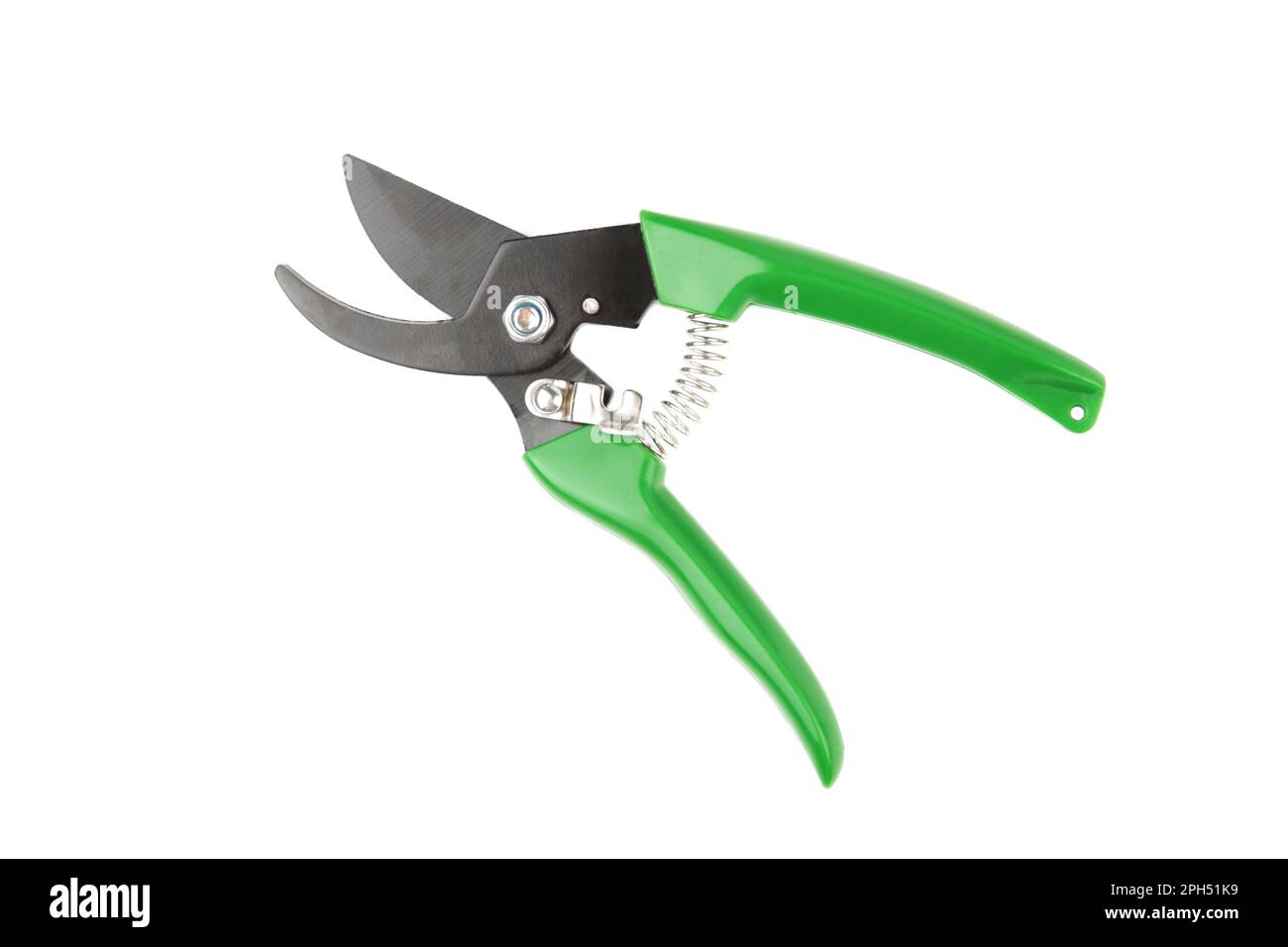 Green garden secateurs isolated on white background, top view Stock Photo - Alamy