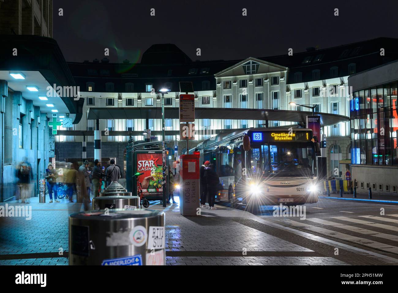 Bus stop along the main entrance of the brussels central station ...
