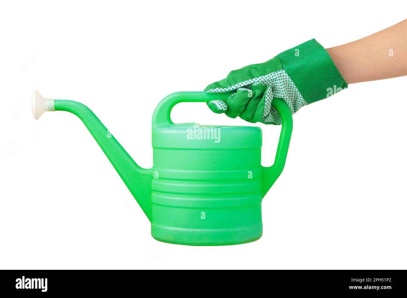 Hand holding green watering can isolated on white background, top view ...