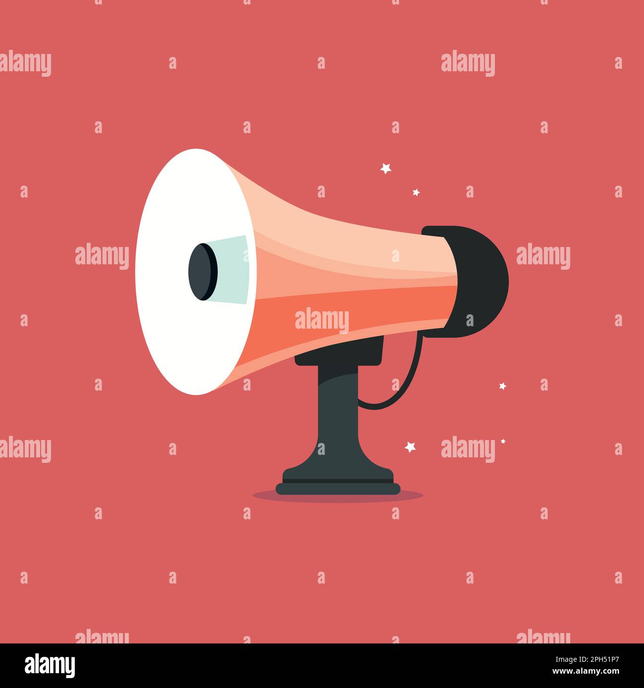 Poster with megaphone. Flat design bullhorn on a red background. Vector ...