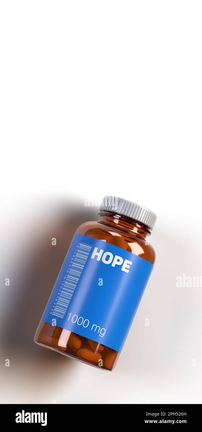 Blue HOPE medicine pills in vial with barcode on white background, copy ...
