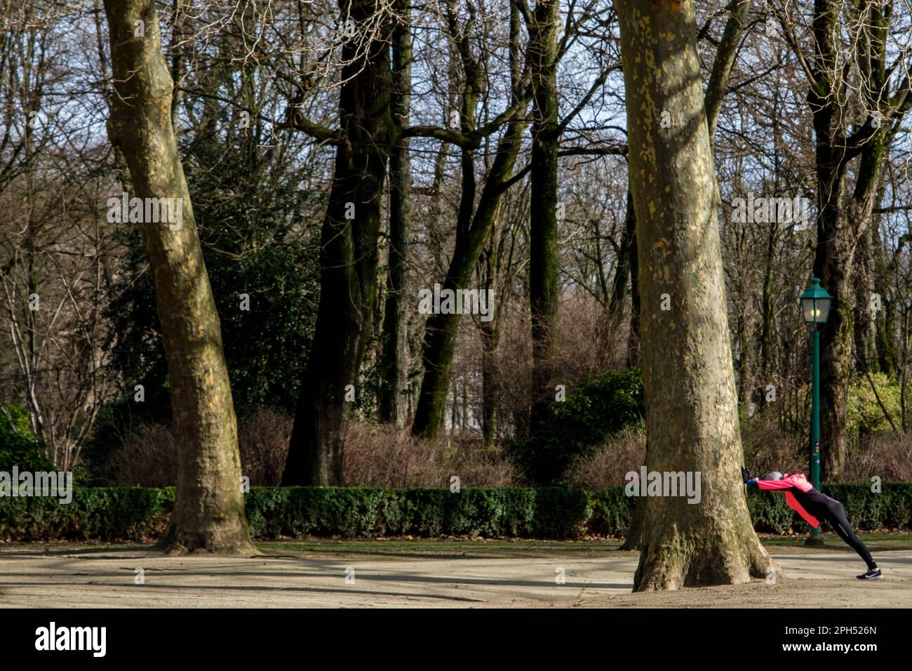 Stretching after the jogging training in the park alleys | Etirement d ...
