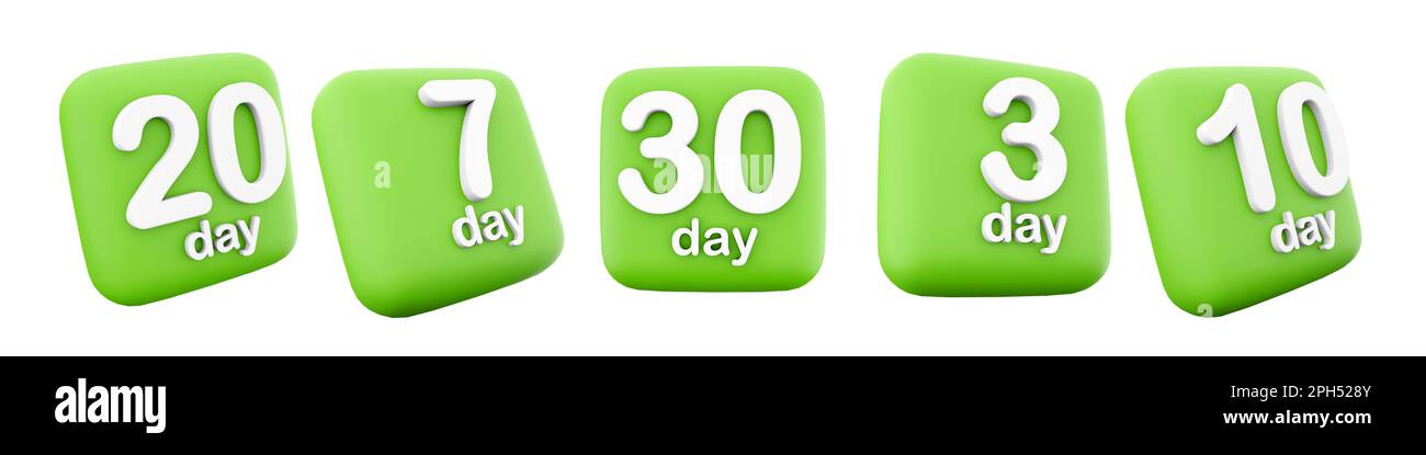 3d rendering three, seven, ten, twenty, thirty days left icon set. 3d ...
