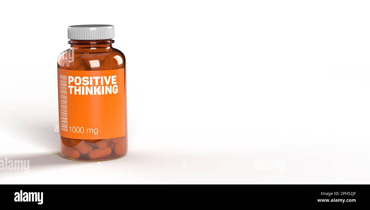 Orange POSITIVE THINKING medicine pills in vial with barcode on white ...