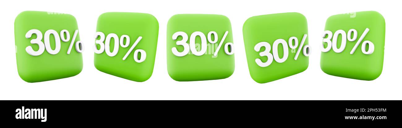 3d rendering 30 percent different positions icon set. 3d render decrease in prices from the ...