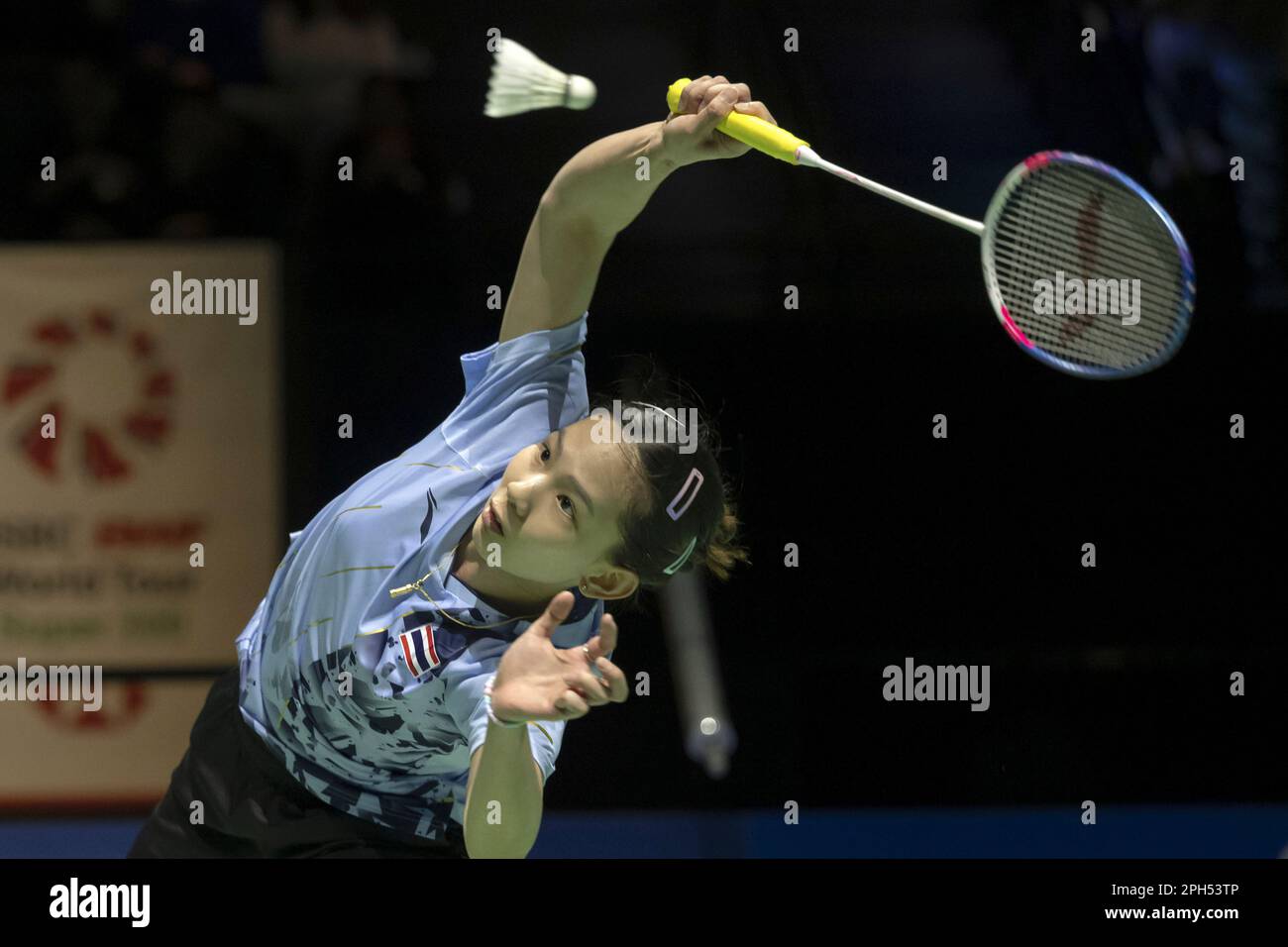 Thailand's Pornpawee Chochuwong returns a shuttlecock to Denmark's Mia ...