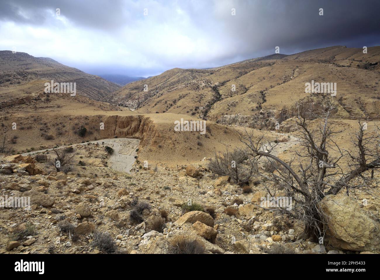 The dry river valley of Wadi Feid, Jabal Fied, Al-Sharat area of Jordan ...