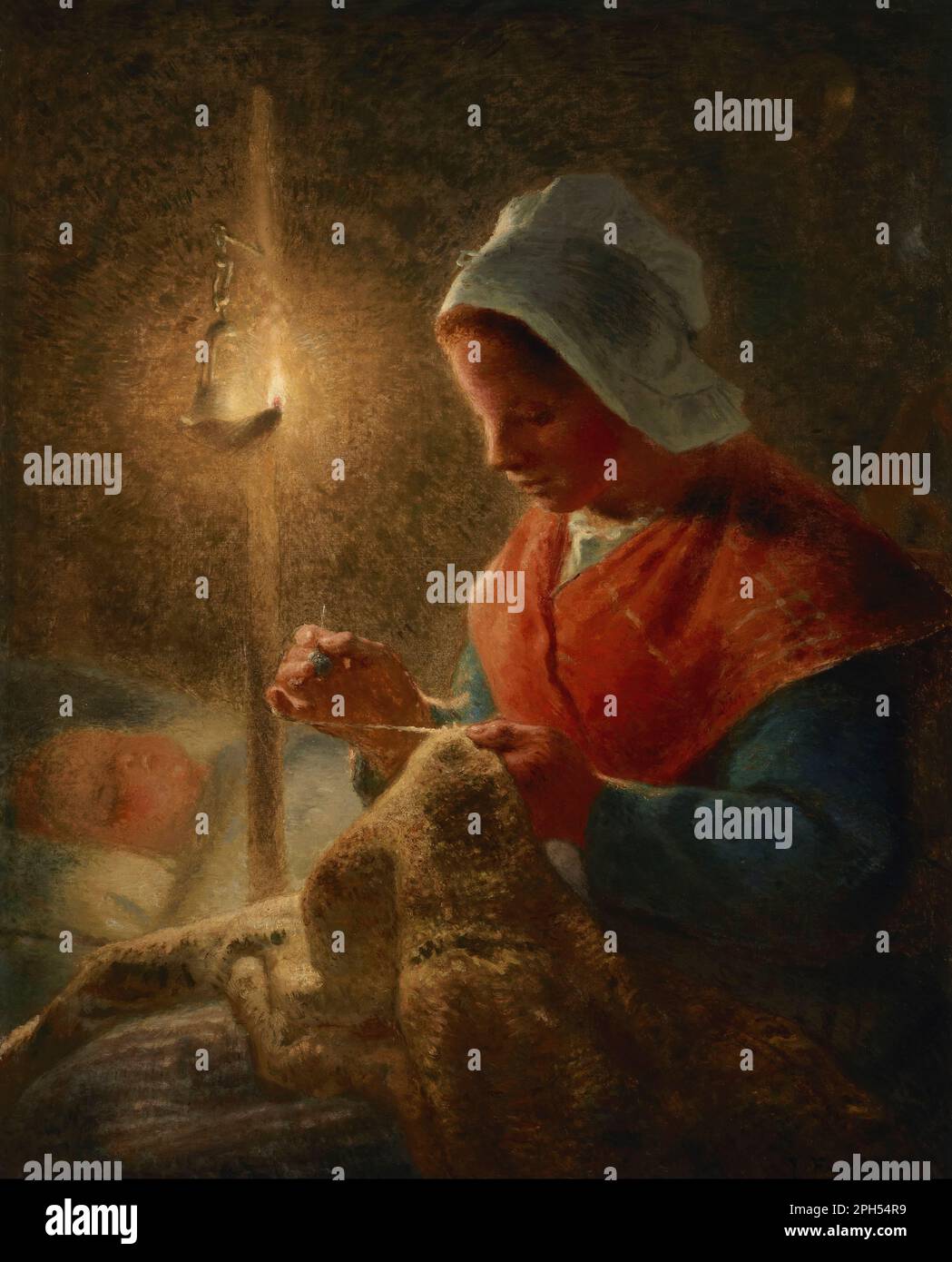 Woman Sewing by Lamplight circa 1870-1872 by Jean-Francois Millet Stock ...