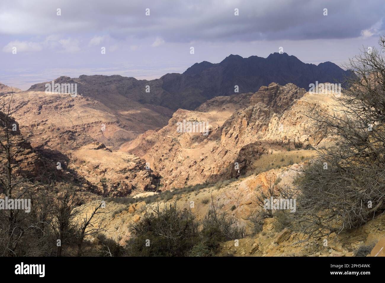 View over the landscape of the Sahwah Wadi to the Jabal Abu Mahmoud ...