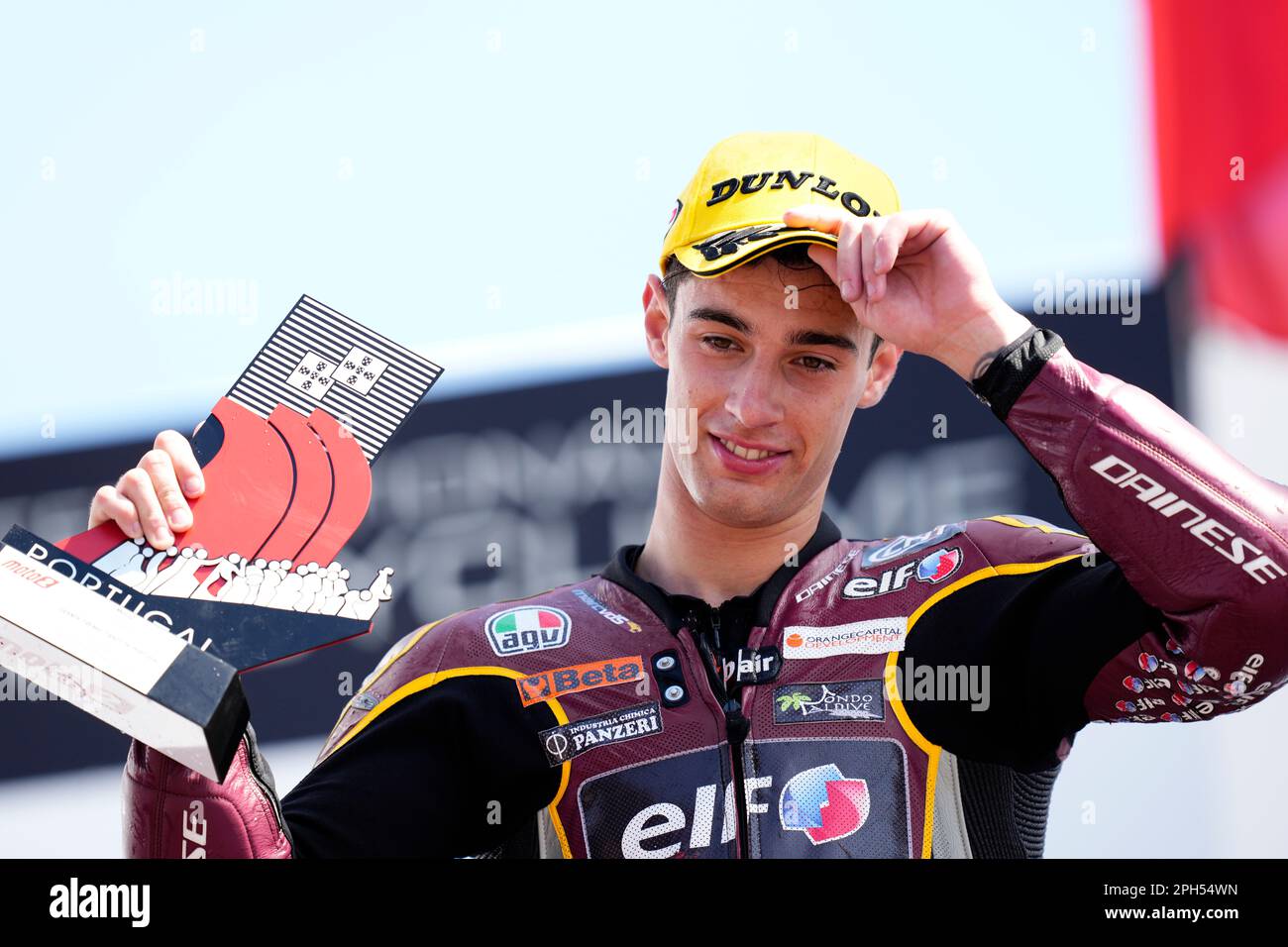 Moto2 rider Tony Arbolino of Italy holds his trophy on the podium after ...