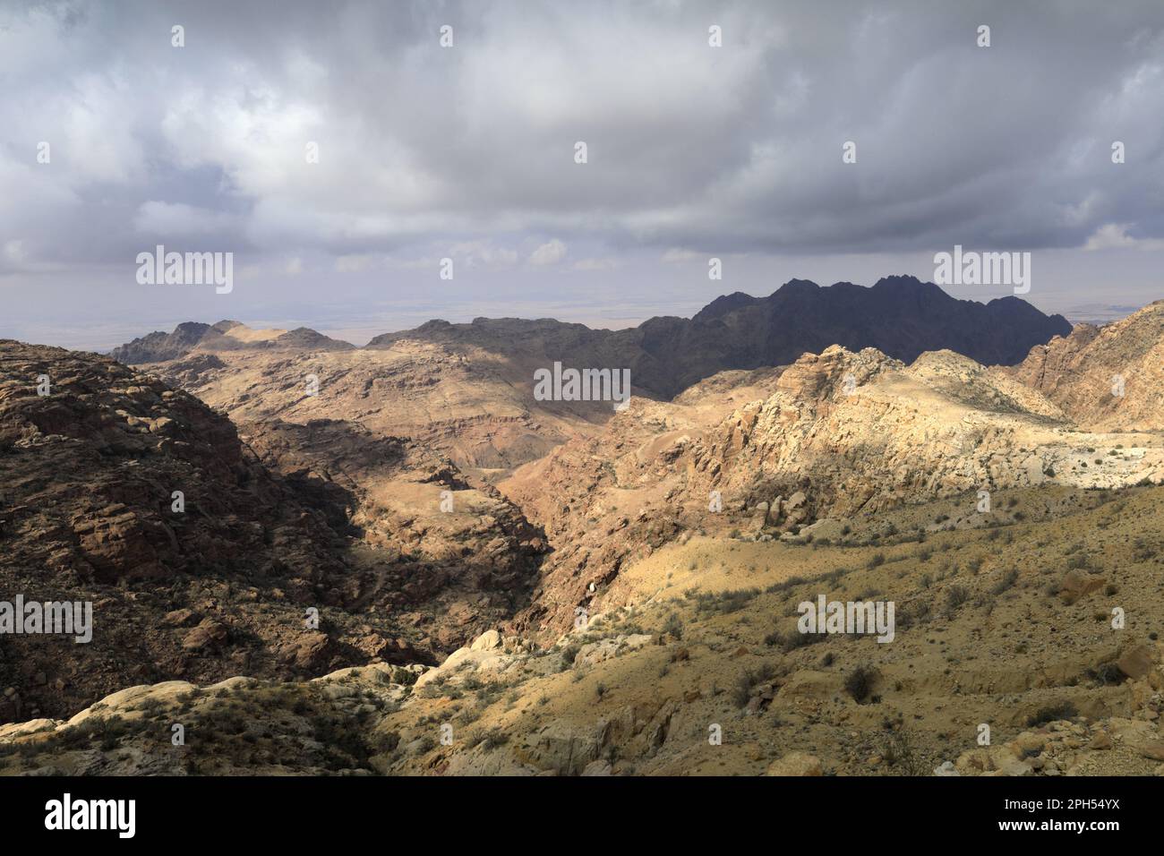 View over the landscape of the Sahwah Wadi to the Jabal Abu Mahmoud ...