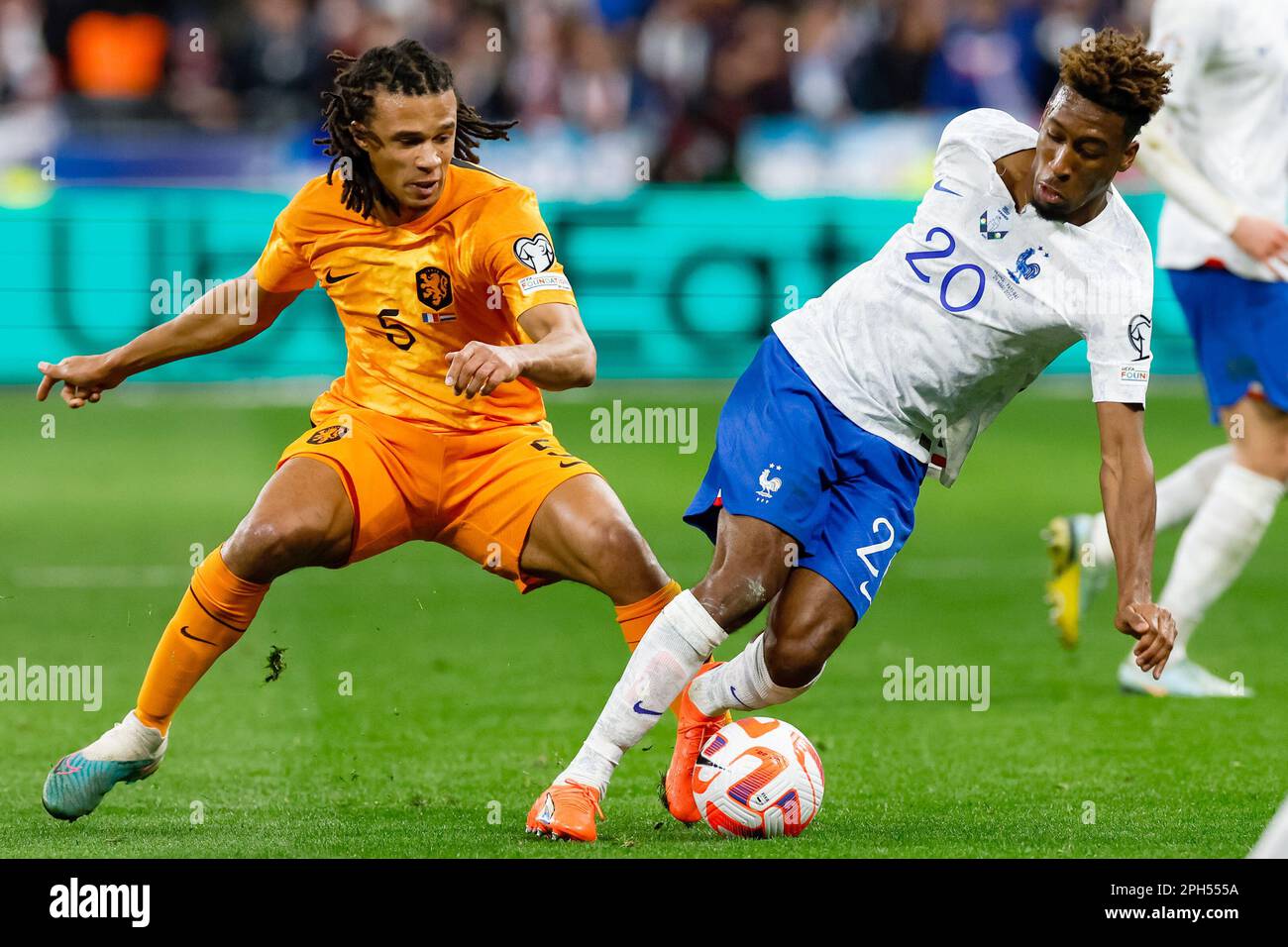 Nathan Ake of the Netherlands challenges Kingsley Coman of France ...