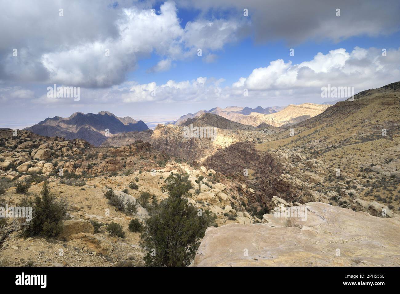 View over the landscape of the Sahwah Wadi to the Jabal Abu Mahmoud ...