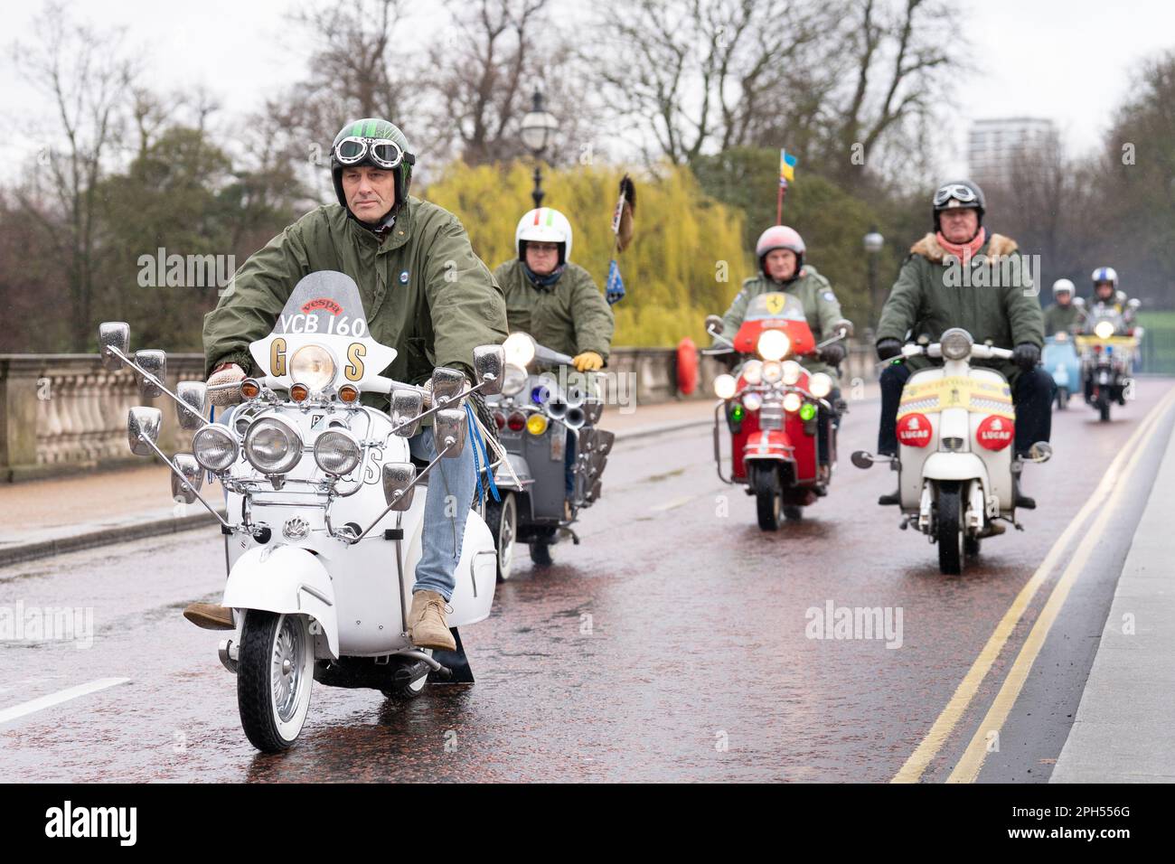 Mods and their scooters gather at Hyde Park in central London, before ...
