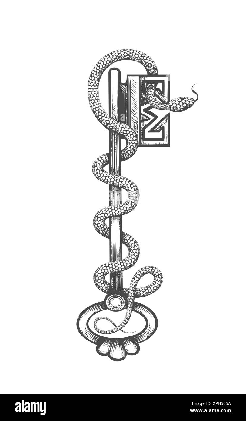 Tattoo of Ancient Esoteric Symbols of Key and Snake Drawn in Engraving ...