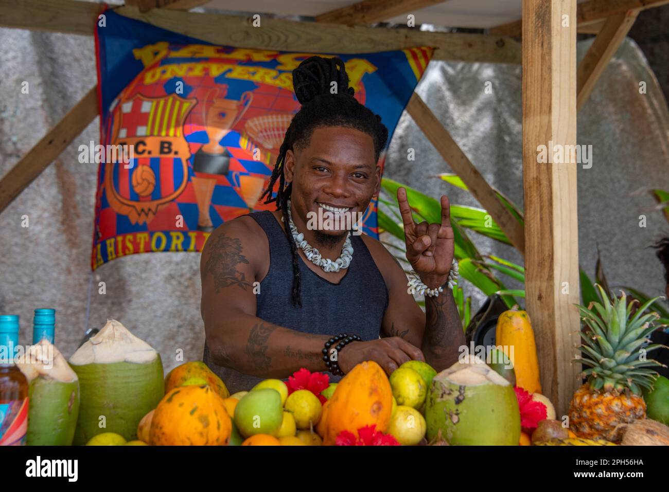 Beach friut stall La Digue Seyhelles Stock Photo - Alamy