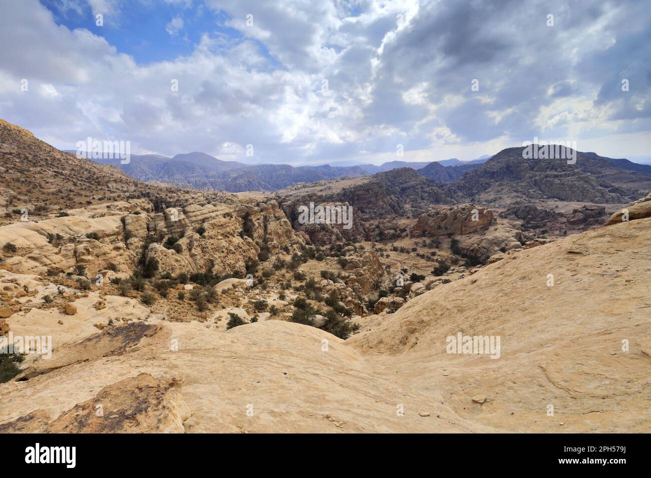 View over the landscape of Wadi Musa, South Central Jordan, Middle East ...