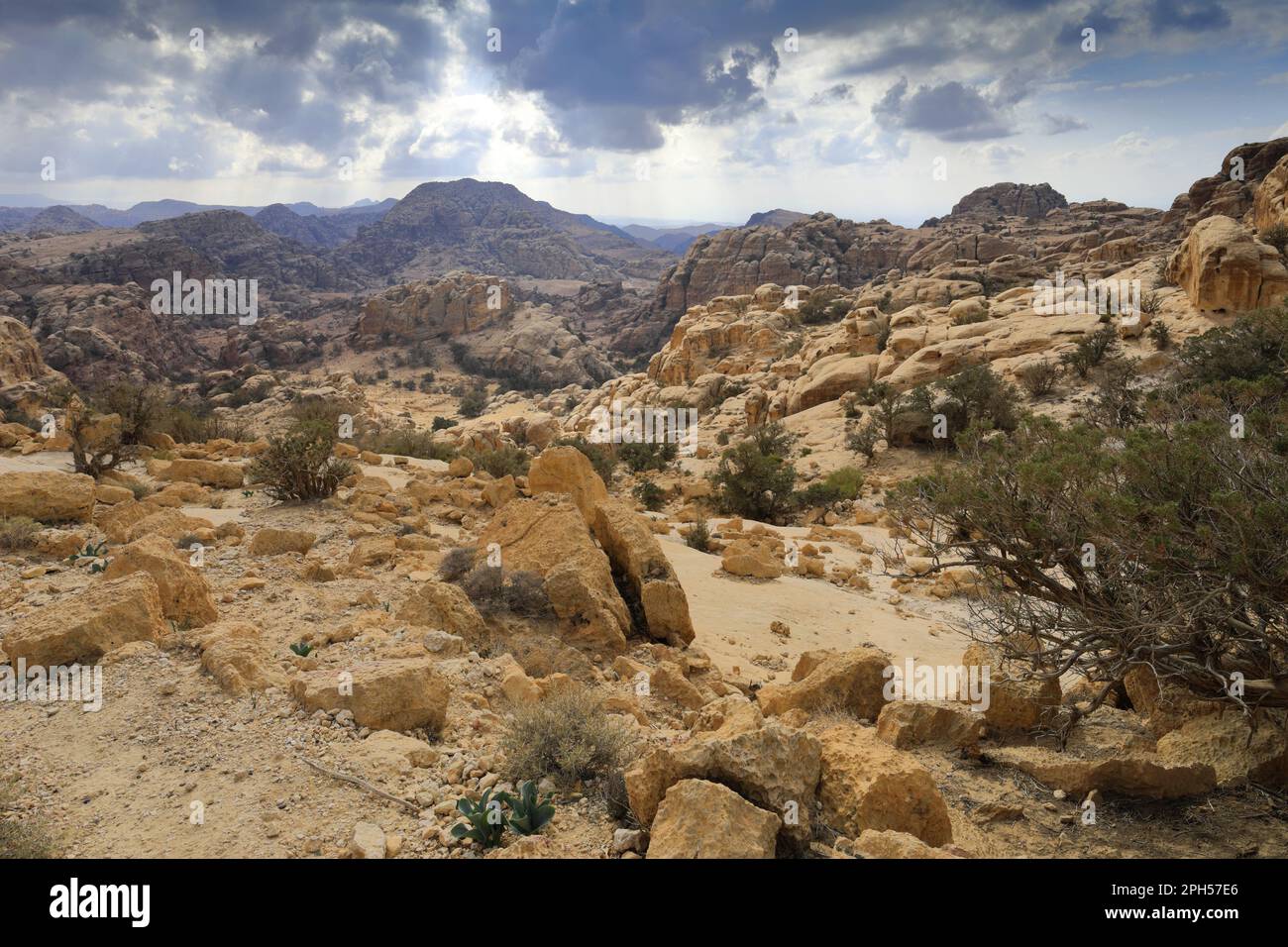 View over the landscape of Wadi Musa, South Central Jordan, Middle East ...