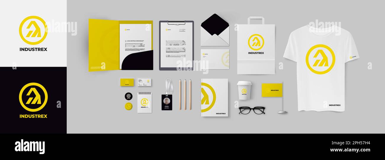 Industrial yellow logo and corporate identity set in minimal style with ...