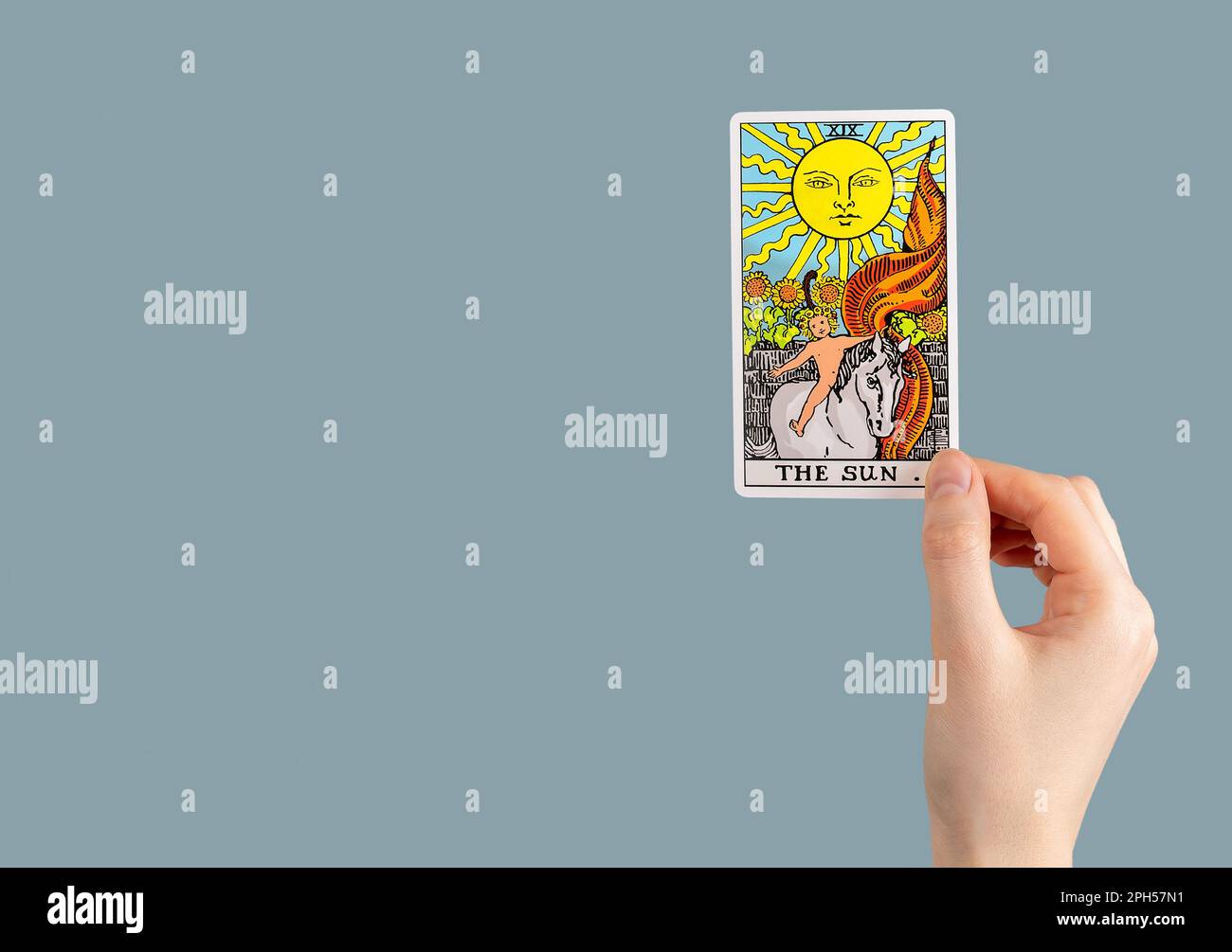 The sun, tarot card in hand. Banner background with copy space for text ...