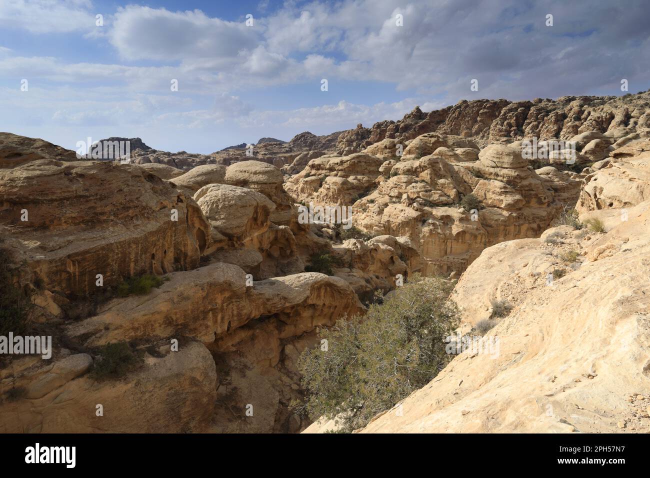 View over the landscape of Wadi Musa, South Central Jordan, Middle East ...