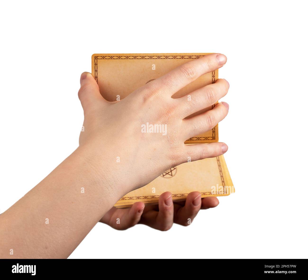 Hands shuffle tarot cards isolated on white background Stock Photo - Alamy