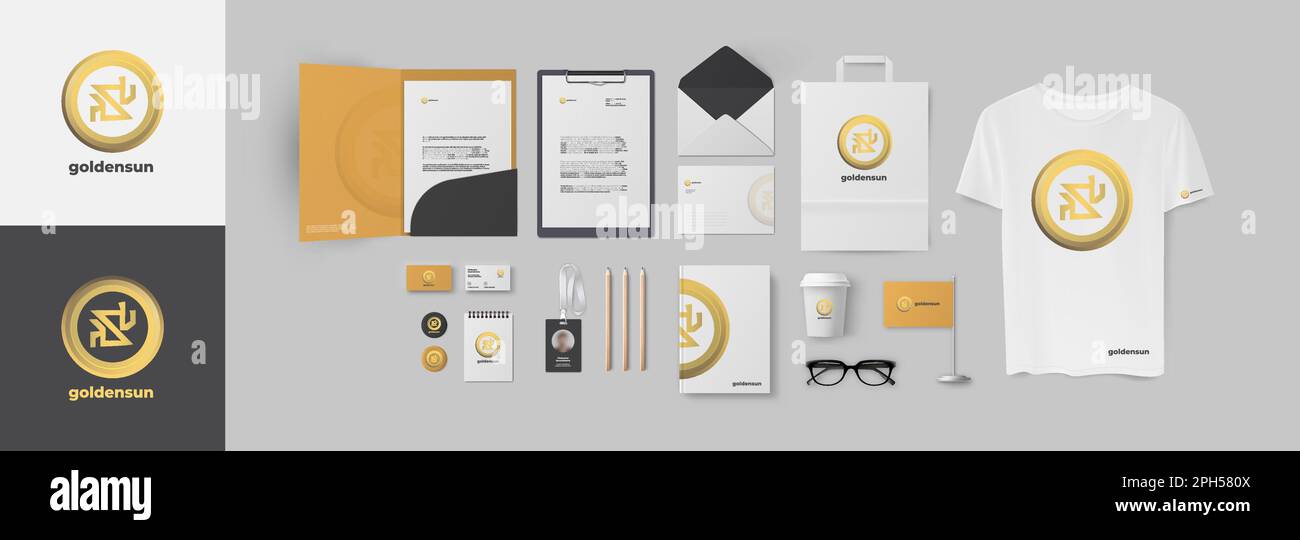 Corporate identity design with golden circle logo and yellow background ...