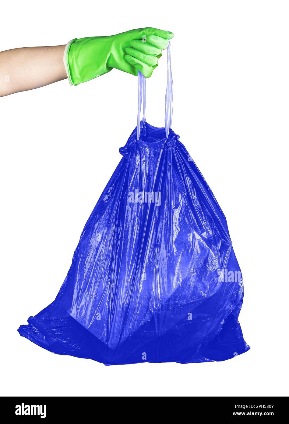 Hand holding blue garbage bag with glass waste, trash sack full of ...