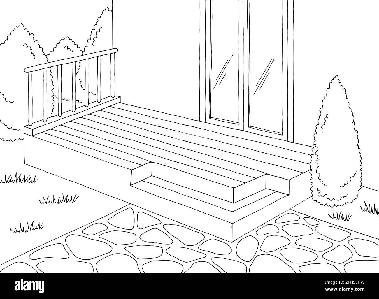 Backyard deck garden graphic black white sketch illustration vector ...