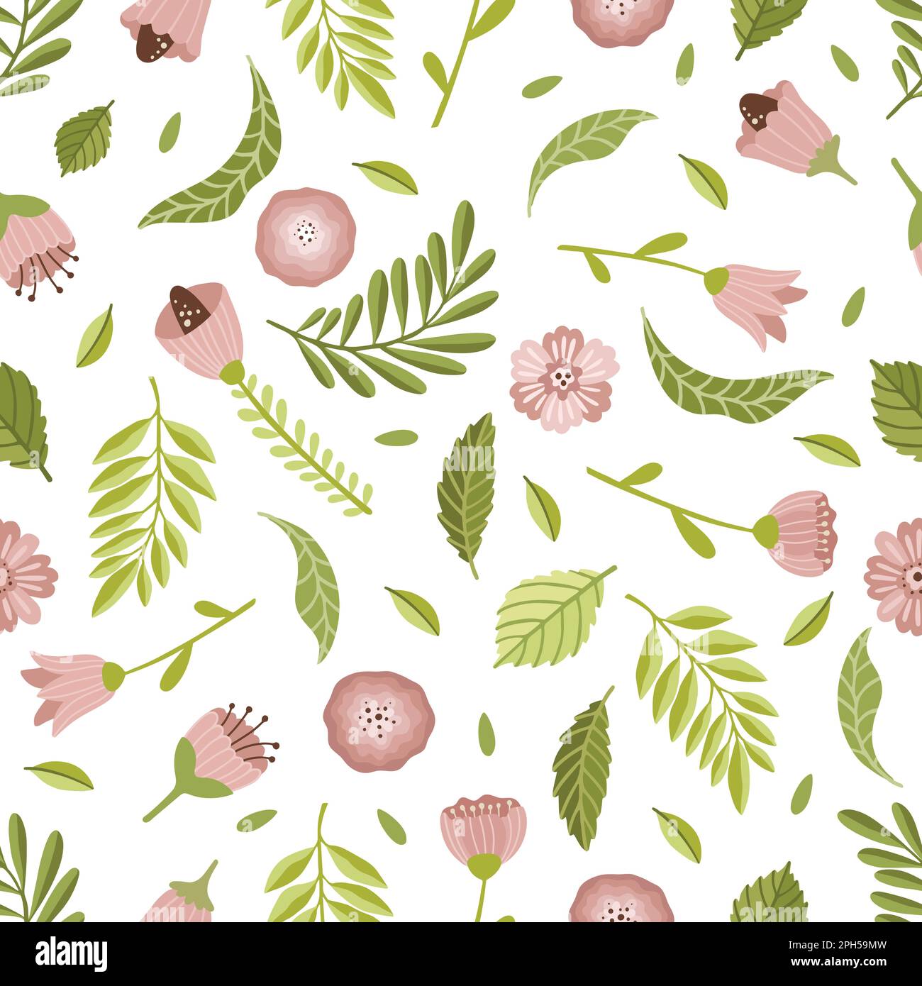 Vector seamless spring pattern with flowers, bouquets, plants Stock ...