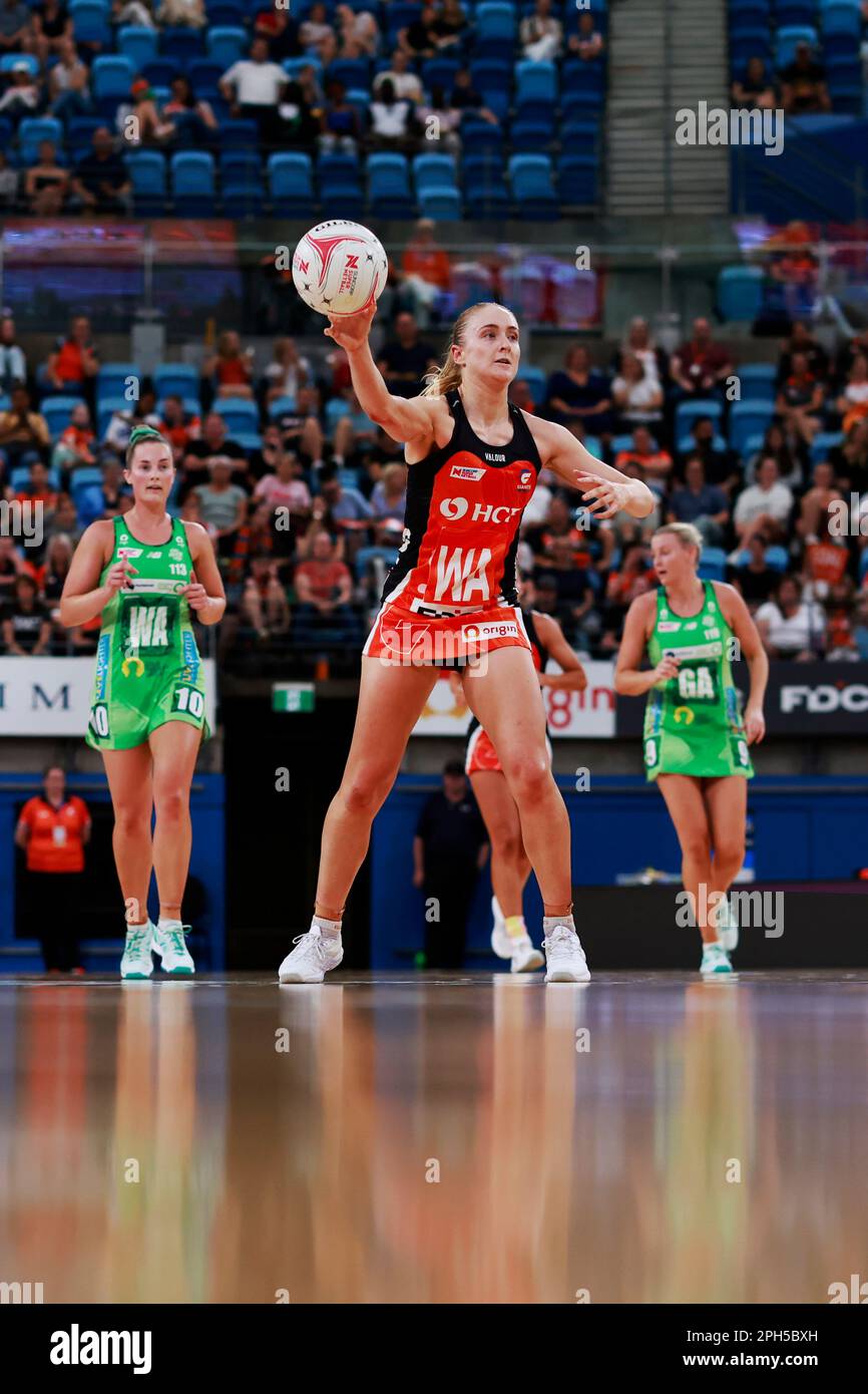 Maddie Hay of the Giants passes the ball during the Super Netball Round ...
