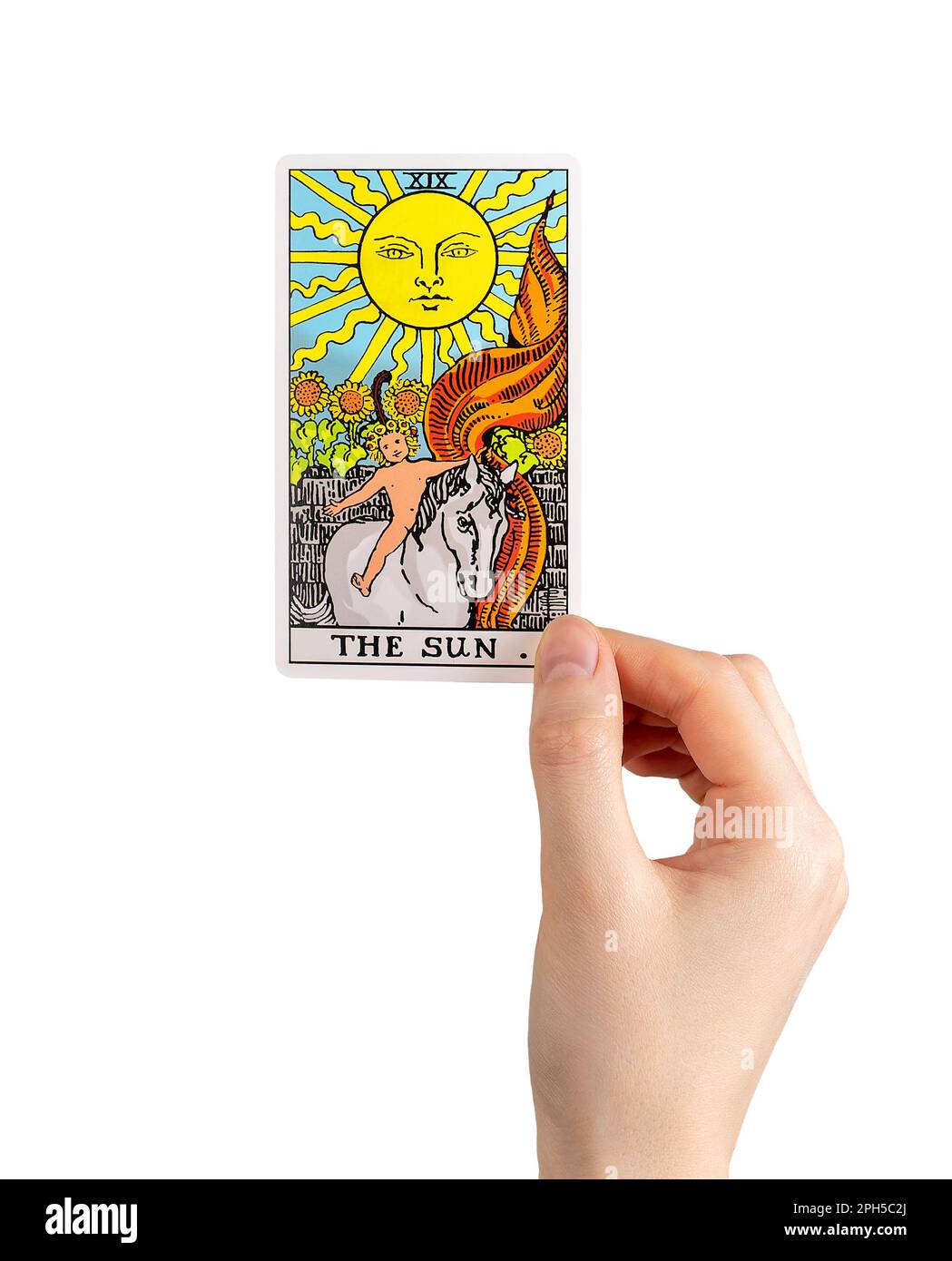 Sun, tarot card in hand, positive major arcana isolated on white Stock ...